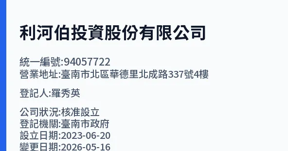 利河伯投資股份有限公司的照片-統編 94057722(臺南市) 公司登記資料與營業項目詳細圖表