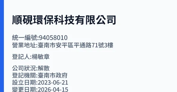 順硯環保科技有限公司的照片-統編 94058010(臺南市) 公司登記資料與營業項目詳細圖表
