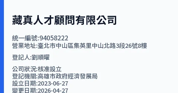 藏真人才顧問有限公司的照片-統編 94058222(臺北市) 公司登記資料與營業項目詳細圖表