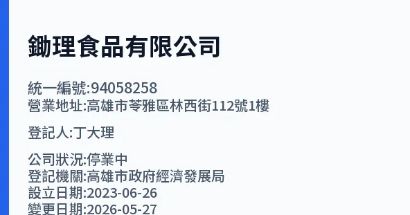鋤理食品有限公司的照片-統編 94058258(高雄市) 公司登記資料與營業項目詳細圖表