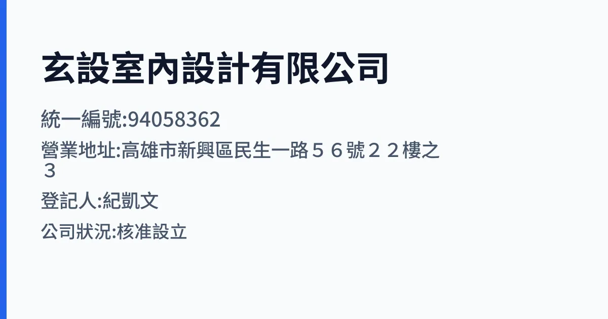 玄設室內設計有限公司 - 統編 94058362(高雄市) 公司登記資料與營業項目詳細圖表