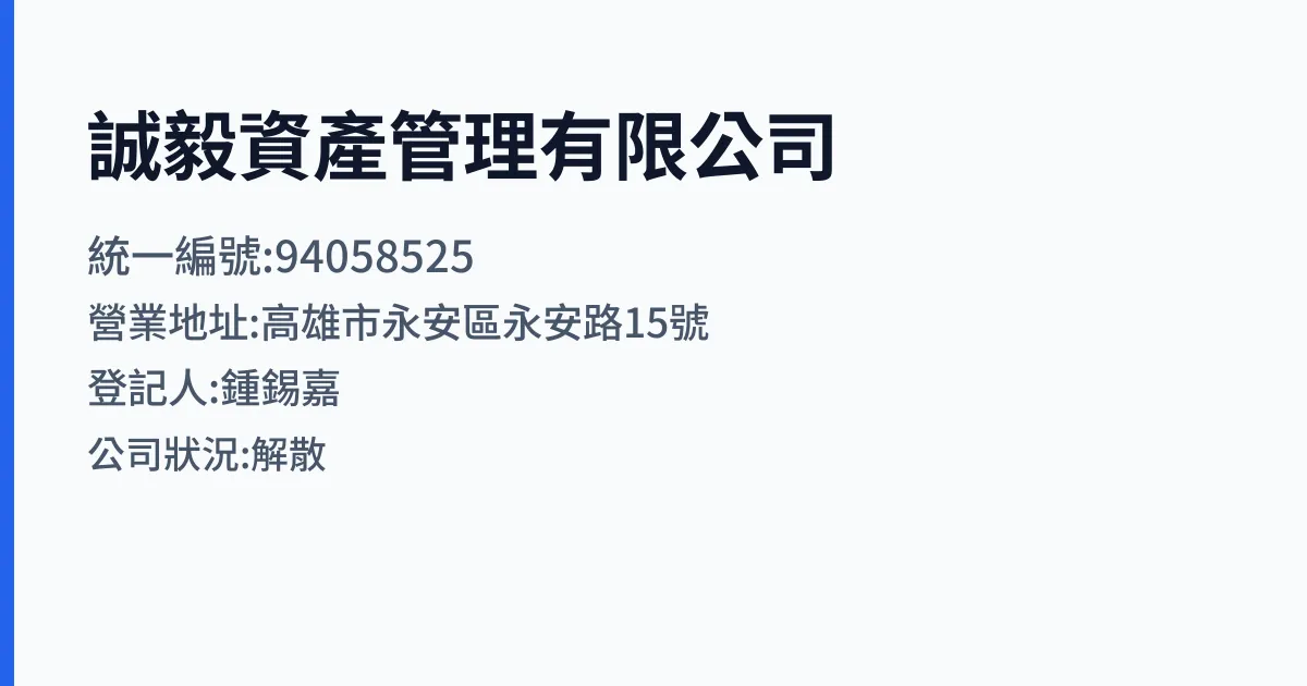 誠毅資產管理有限公司 - 統編 94058525(高雄市) 公司登記資料與營業項目詳細圖表