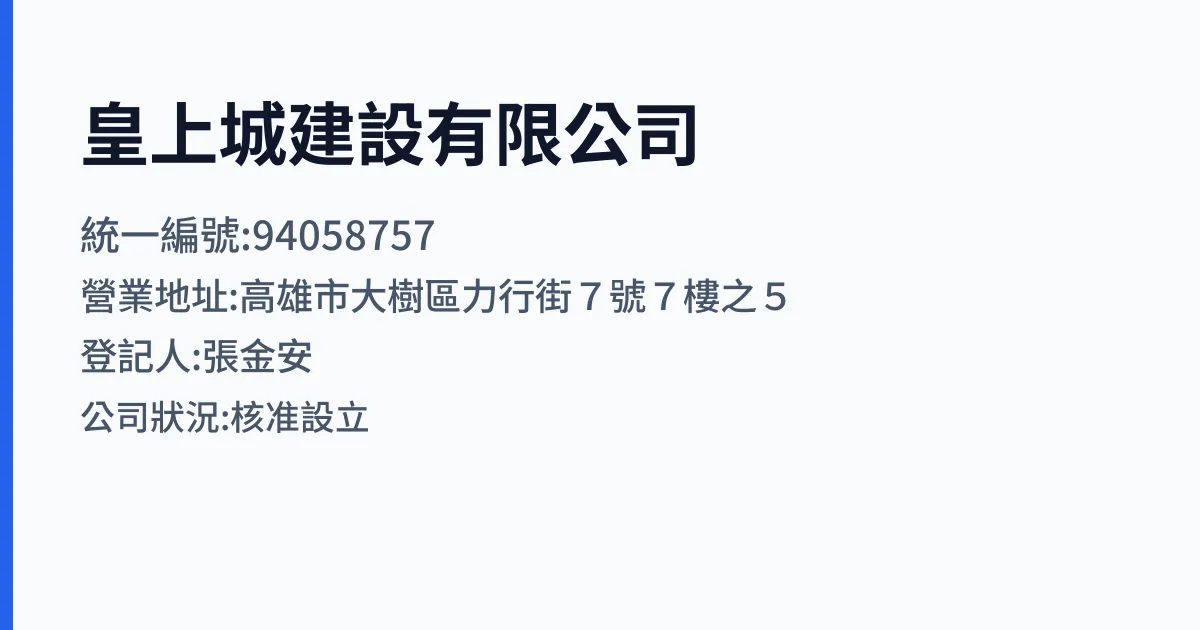 皇上城建設有限公司 - 統編 94058757(高雄市) 公司登記資料與營業項目詳細圖表