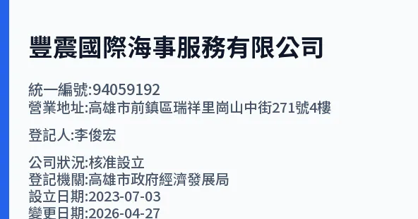 豐震國際海事服務有限公司的照片-統編 94059192(高雄市) 公司登記資料與營業項目詳細圖表