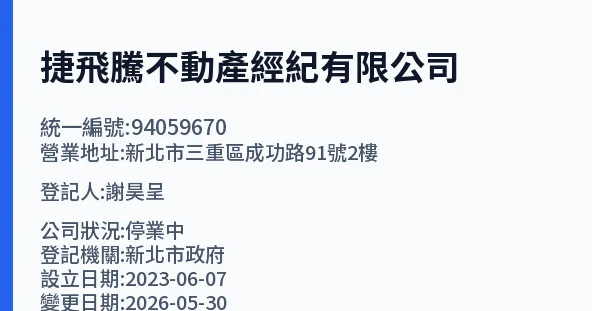 捷飛騰不動產經紀有限公司的照片-統編 94059670(新北市) 公司登記資料與營業項目詳細圖表