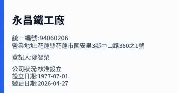 永昌鐵工廠的照片-統編 94060206(花蓮縣) 公司登記資料與營業項目詳細圖表
