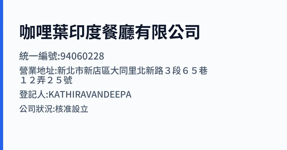 咖哩葉印度餐廳有限公司 - 統編 94060228(新北市) 公司登記資料與營業項目詳細圖表