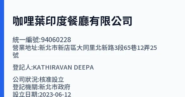 咖哩葉印度餐廳有限公司的照片-統編 94060228(新北市) 公司登記資料與營業項目詳細圖表