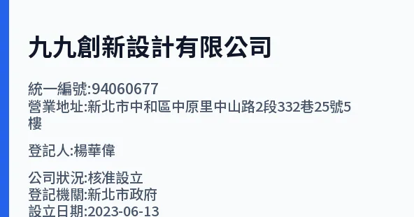 九九創新設計有限公司的照片-統編 94060677(新北市) 公司登記資料與營業項目詳細圖表