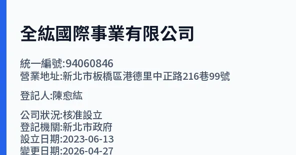 全紘國際事業有限公司的照片-統編 94060846(新北市) 公司登記資料與營業項目詳細圖表