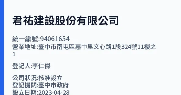 君祐建設股份有限公司的照片-統編 94061654(臺中市) 公司登記資料與營業項目詳細圖表