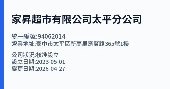 家昇超市有限公司太平分公司的照片-統編 94062014(臺中市) 公司登記資料與營業項目詳細圖表