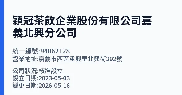 穎冠茶飲企業股份有限公司嘉義北興分公司的照片-統編 94062128(嘉義市) 公司登記資料與營業項目詳細圖表