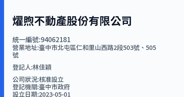 燿煦不動產股份有限公司的照片-統編 94062181(臺中市) 公司登記資料與營業項目詳細圖表