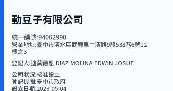 動豆子有限公司的照片-統編 94062990(臺中市) 公司登記資料與營業項目詳細圖表
