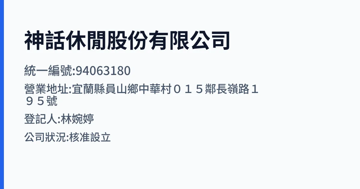 神話休閒股份有限公司 - 統編 94063180 (宜蘭縣) 公司登記資料與營業項目詳細圖表