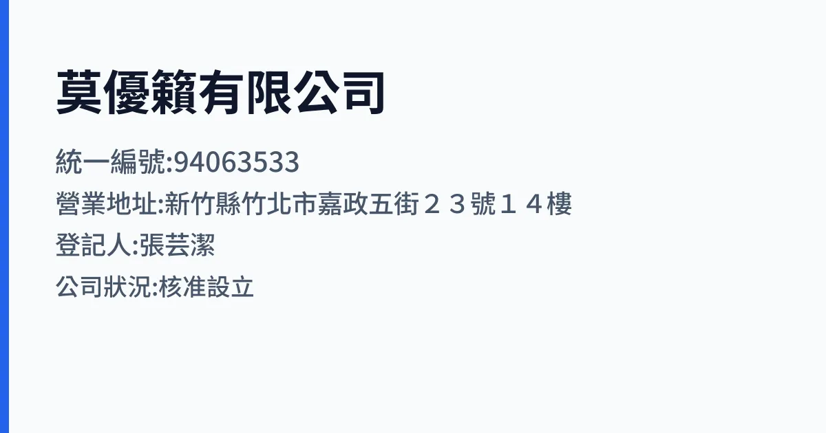 莫優籟有限公司 - 統編 94063533(新竹縣) 公司登記資料與營業項目詳細圖表