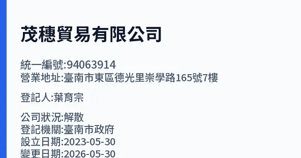 茂穗貿易有限公司的照片-統編 94063914(臺南市) 公司登記資料與營業項目詳細圖表
