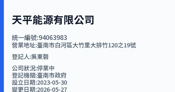 天平能源有限公司的照片-統編 94063983(臺南市) 公司登記資料與營業項目詳細圖表