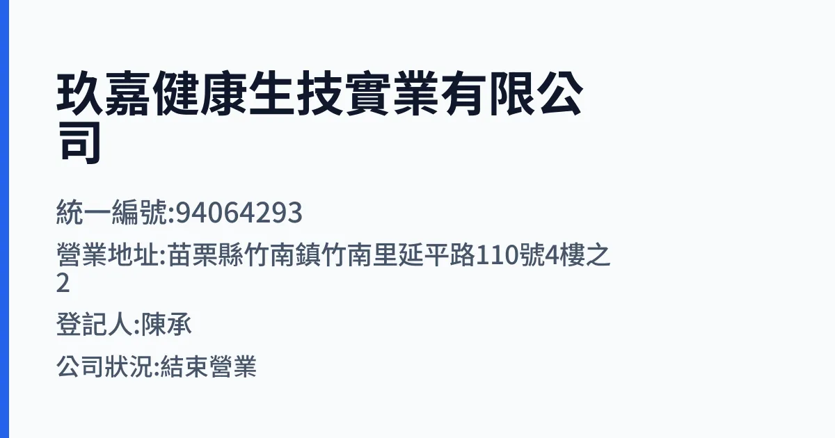 玖嘉健康生技實業有限公司 - 統編 94064293(苗栗縣) 公司登記資料與營業項目詳細圖表