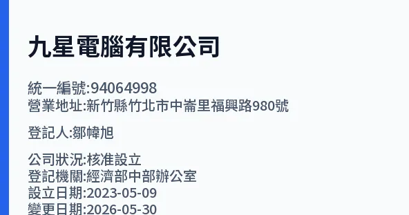 九星電腦有限公司的照片-統編 94064998(新竹縣) 公司登記資料與營業項目詳細圖表
