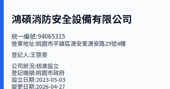 鴻碩消防安全設備有限公司的照片-統編 94065315(桃園市) 公司登記資料與營業項目詳細圖表