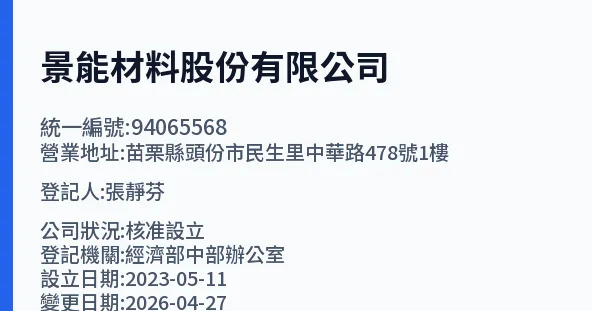 景能材料股份有限公司的照片-統編 94065568(苗栗縣) 公司登記資料與營業項目詳細圖表
