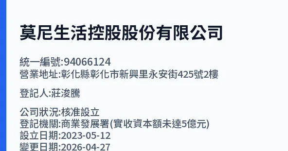 莫尼生活控股股份有限公司的照片-統編 94066124(彰化縣) 公司登記資料與營業項目詳細圖表