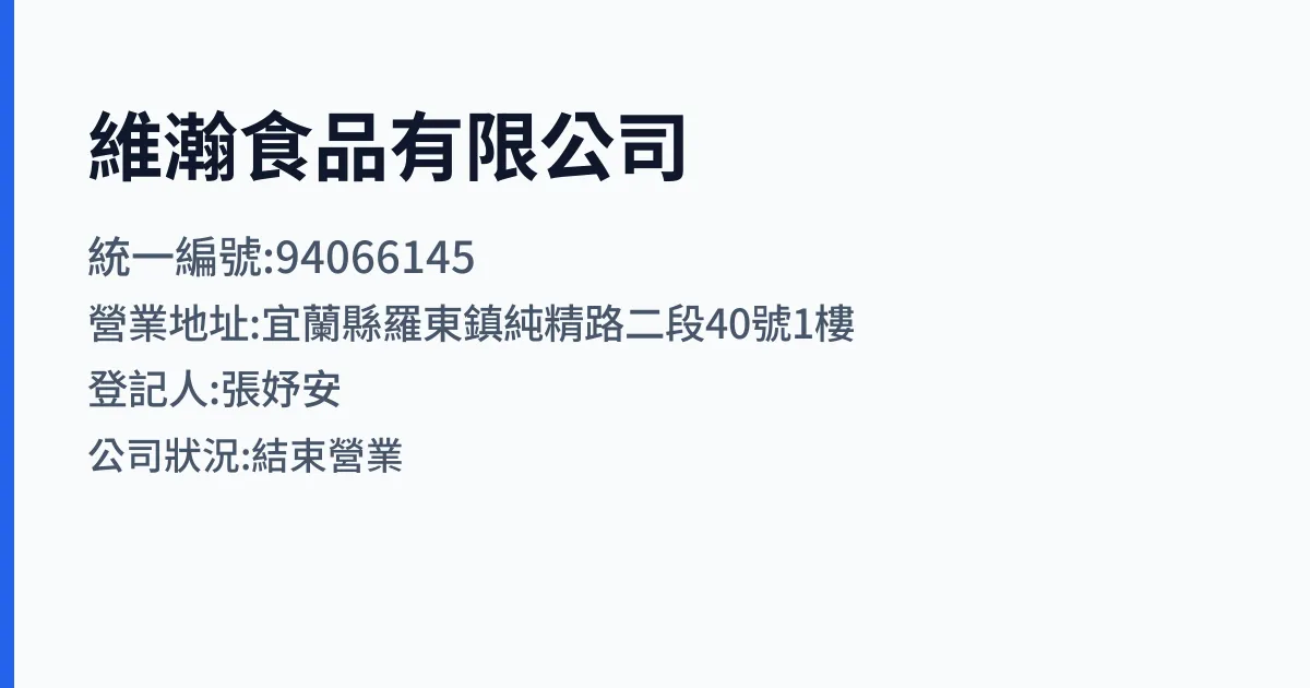 維瀚食品有限公司 - 統編 94066145(宜蘭縣) 公司登記資料與營業項目詳細圖表