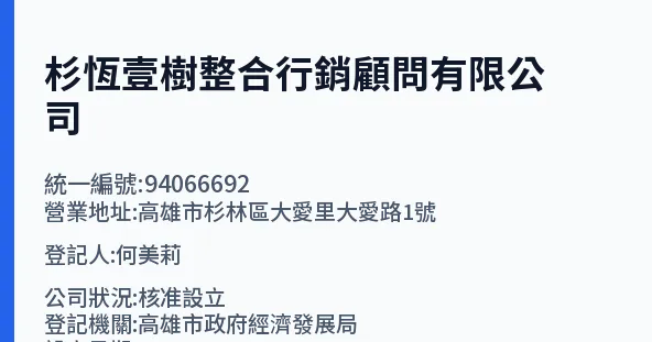 杉恆壹樹整合行銷顧問有限公司的照片-統編 94066692(高雄市) 公司登記資料與營業項目詳細圖表