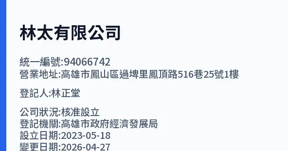 林太有限公司的照片-統編 94066742(高雄市) 公司登記資料與營業項目詳細圖表