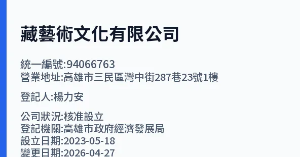 藏藝術文化有限公司的照片-統編 94066763(高雄市) 公司登記資料與營業項目詳細圖表