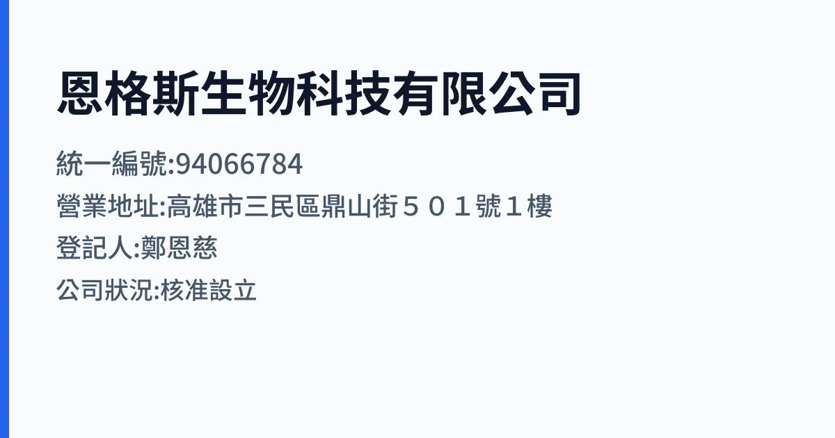 恩格斯生物科技有限公司 - 統編 94066784(高雄市) 公司登記資料與營業項目詳細圖表