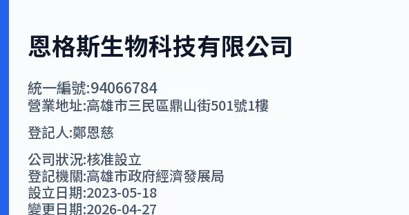 恩格斯生物科技有限公司的照片-統編 94066784(高雄市) 公司登記資料與營業項目詳細圖表