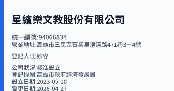 星繽樂文教股份有限公司的照片-統編 94066834(高雄市) 公司登記資料與營業項目詳細圖表