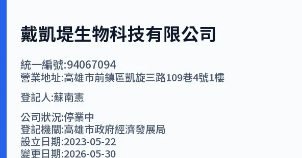 戴凱堤生物科技有限公司的照片-統編 94067094(高雄市) 公司登記資料與營業項目詳細圖表