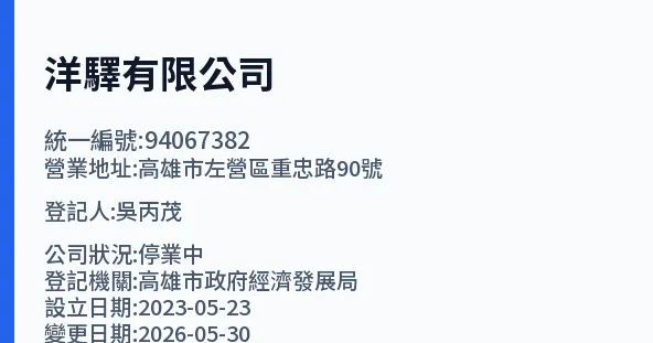洋驛有限公司的照片-統編 94067382(高雄市) 公司登記資料與營業項目詳細圖表