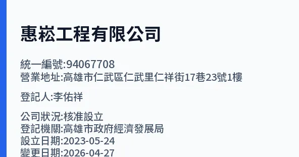 惠崧工程有限公司的照片-統編 94067708(高雄市) 公司登記資料與營業項目詳細圖表