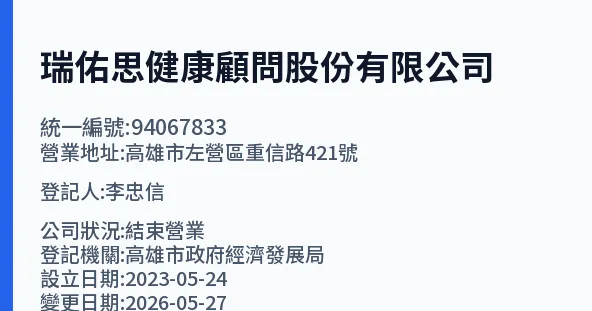 瑞佑思健康顧問股份有限公司的照片-統編 94067833(高雄市) 公司登記資料與營業項目詳細圖表