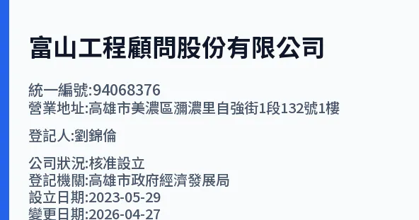 富山工程顧問股份有限公司的照片-統編 94068376(高雄市) 公司登記資料與營業項目詳細圖表