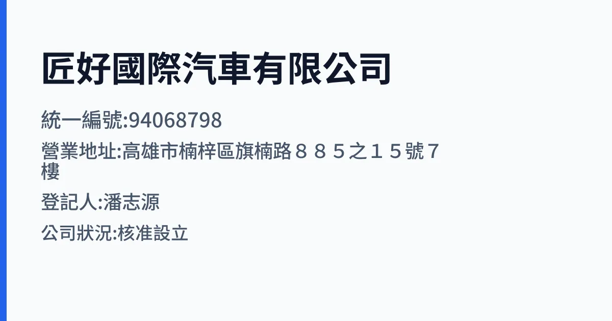 匠好國際汽車有限公司 - 統編 94068798(高雄市) 公司登記資料與營業項目詳細圖表