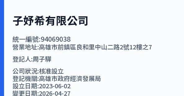 子妤希有限公司的照片-統編 94069038(高雄市) 公司登記資料與營業項目詳細圖表