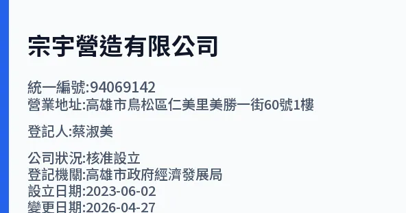 宗宇營造有限公司的照片-統編 94069142(高雄市) 公司登記資料與營業項目詳細圖表