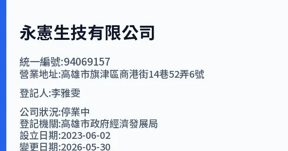 永憲生技有限公司的照片-統編 94069157(高雄市) 公司登記資料與營業項目詳細圖表