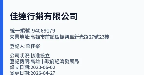 佳達行銷有限公司的照片-統編 94069179(高雄市) 公司登記資料與營業項目詳細圖表