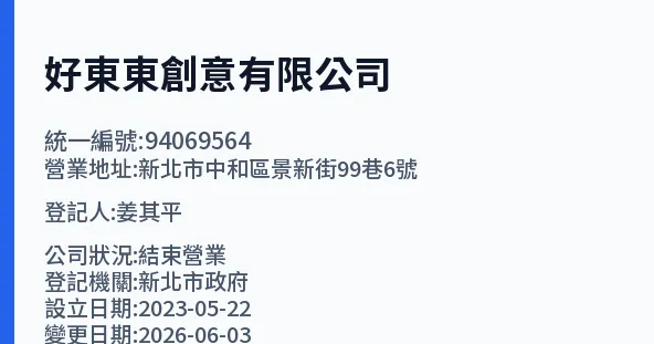 好東東創意有限公司的照片-統編 94069564(新北市) 公司登記資料與營業項目詳細圖表