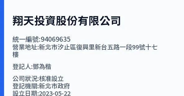 翔天投資股份有限公司的照片-統編 94069635(新北市) 公司登記資料與營業項目詳細圖表