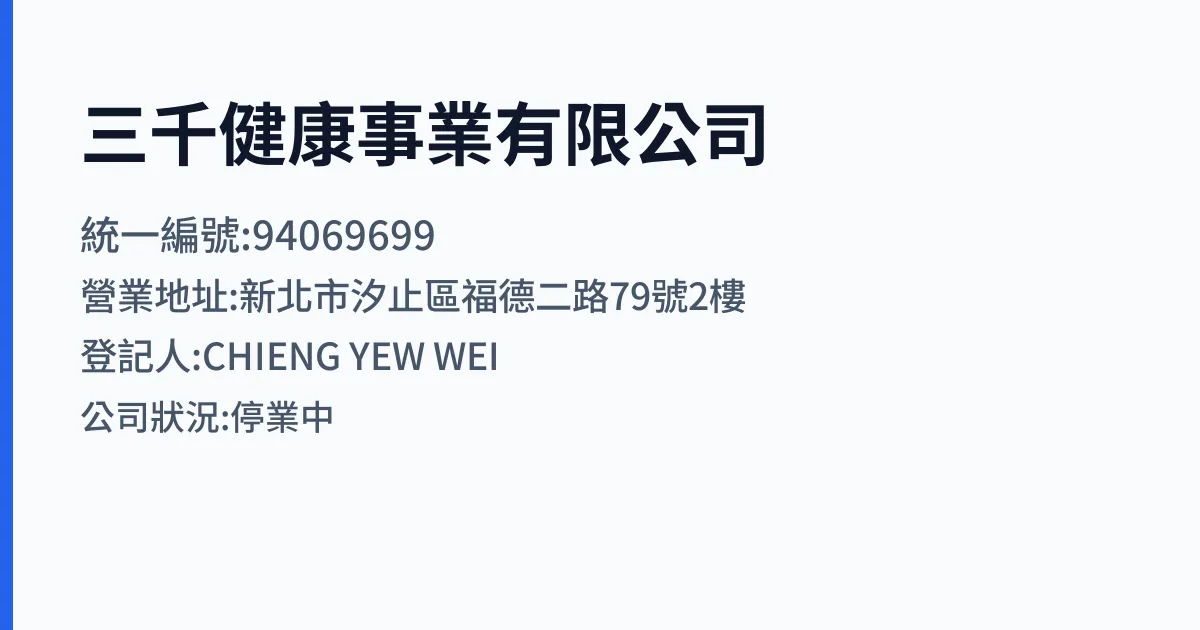 三千健康事業有限公司 - 統編 94069699(新北市) 公司登記資料與營業項目詳細圖表