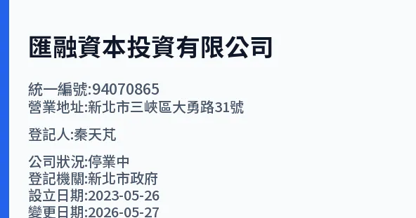 匯融資本投資有限公司的照片-統編 94070865(新北市) 公司登記資料與營業項目詳細圖表