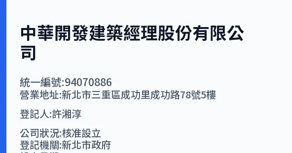 中華開發建築經理股份有限公司的照片-統編 94070886(新北市) 公司登記資料與營業項目詳細圖表